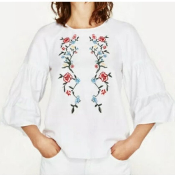 Zara | Tops | Zara Embroidered Bell Sleeves Crop White Blouse | Poshmark
